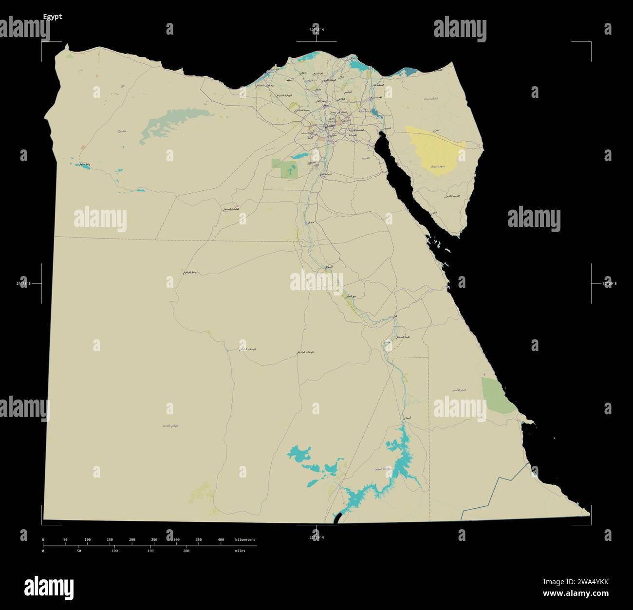 Shape of a topographic, OSM Humanitarian style map of the Egypt, with ...