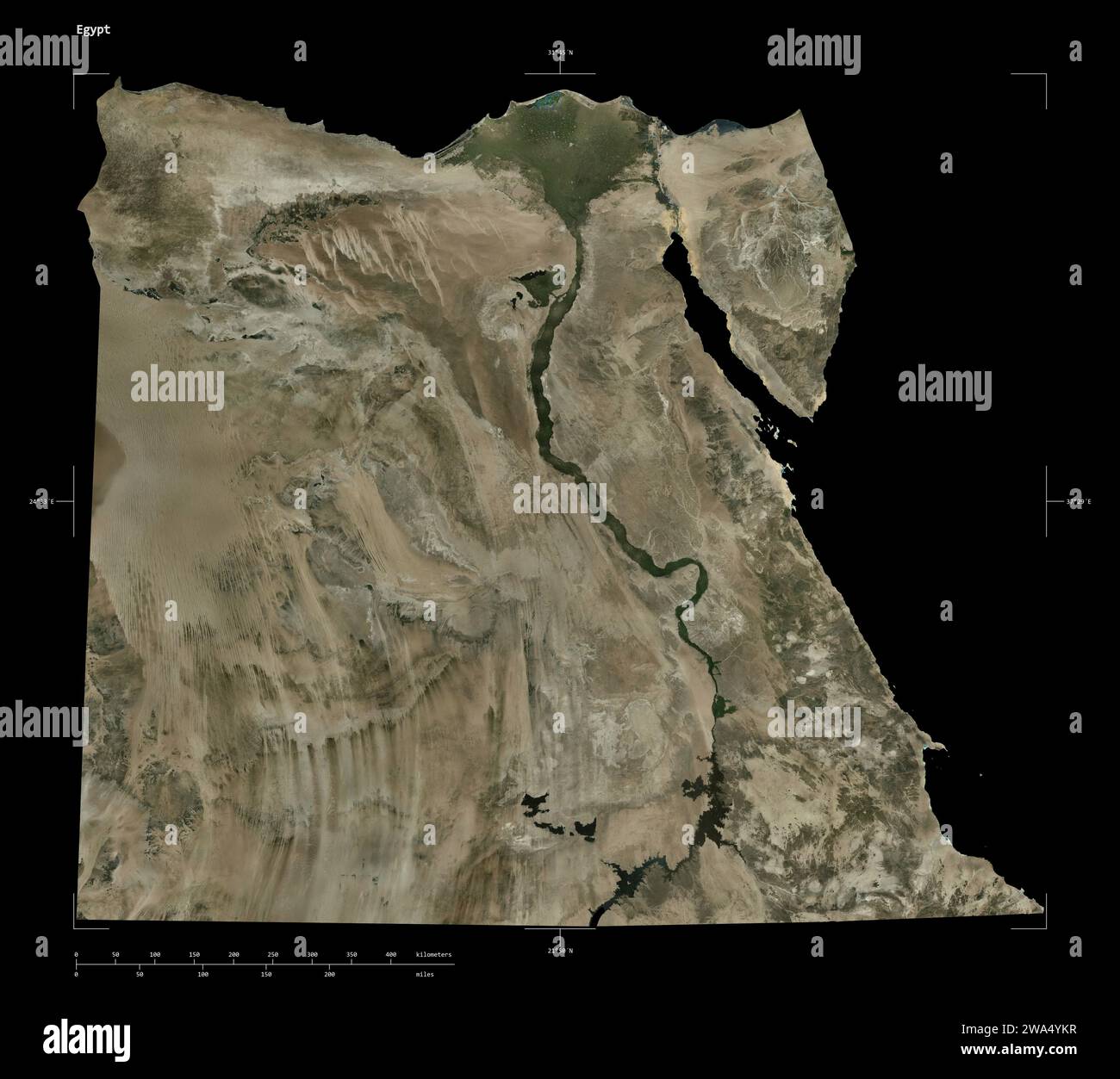 Shape of a high resolution satellite map of the Egypt, with distance ...