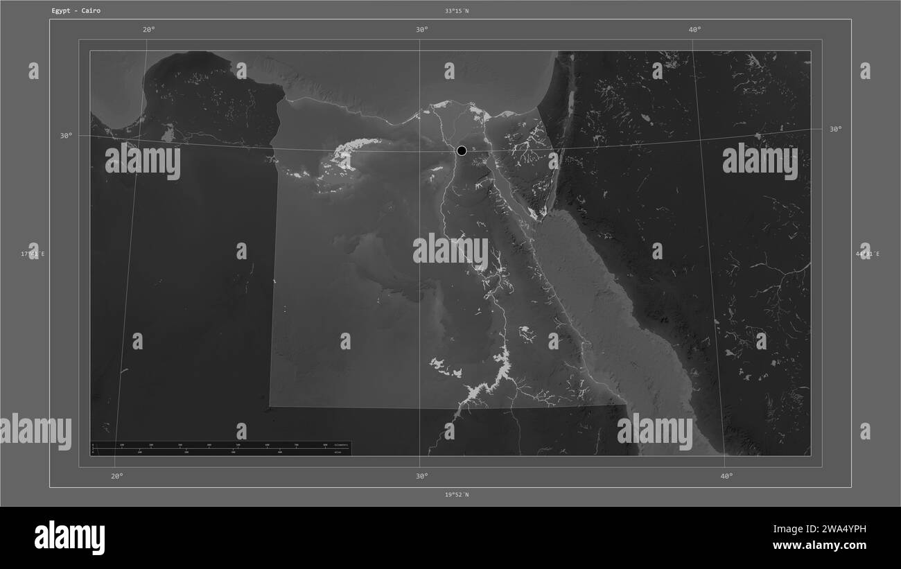 Egypt highlighted on a Grayscale elevation map with lakes and rivers ...