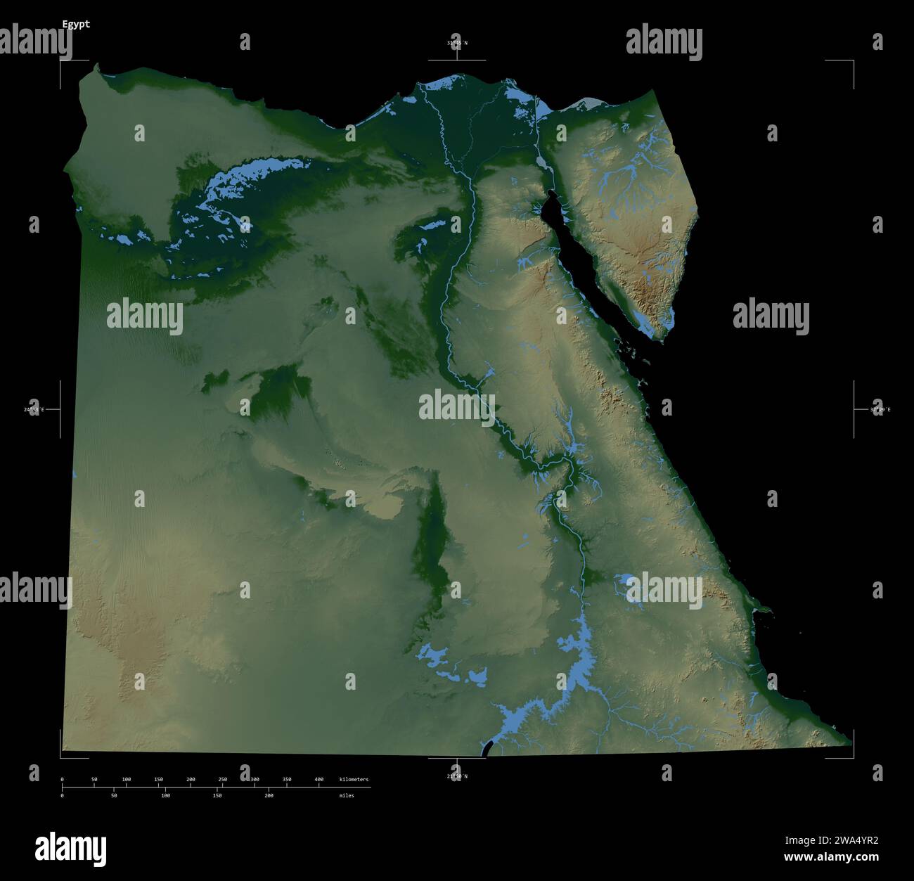 Shape of a Colored elevation map with lakes and rivers of the Egypt, with distance scale and map ...