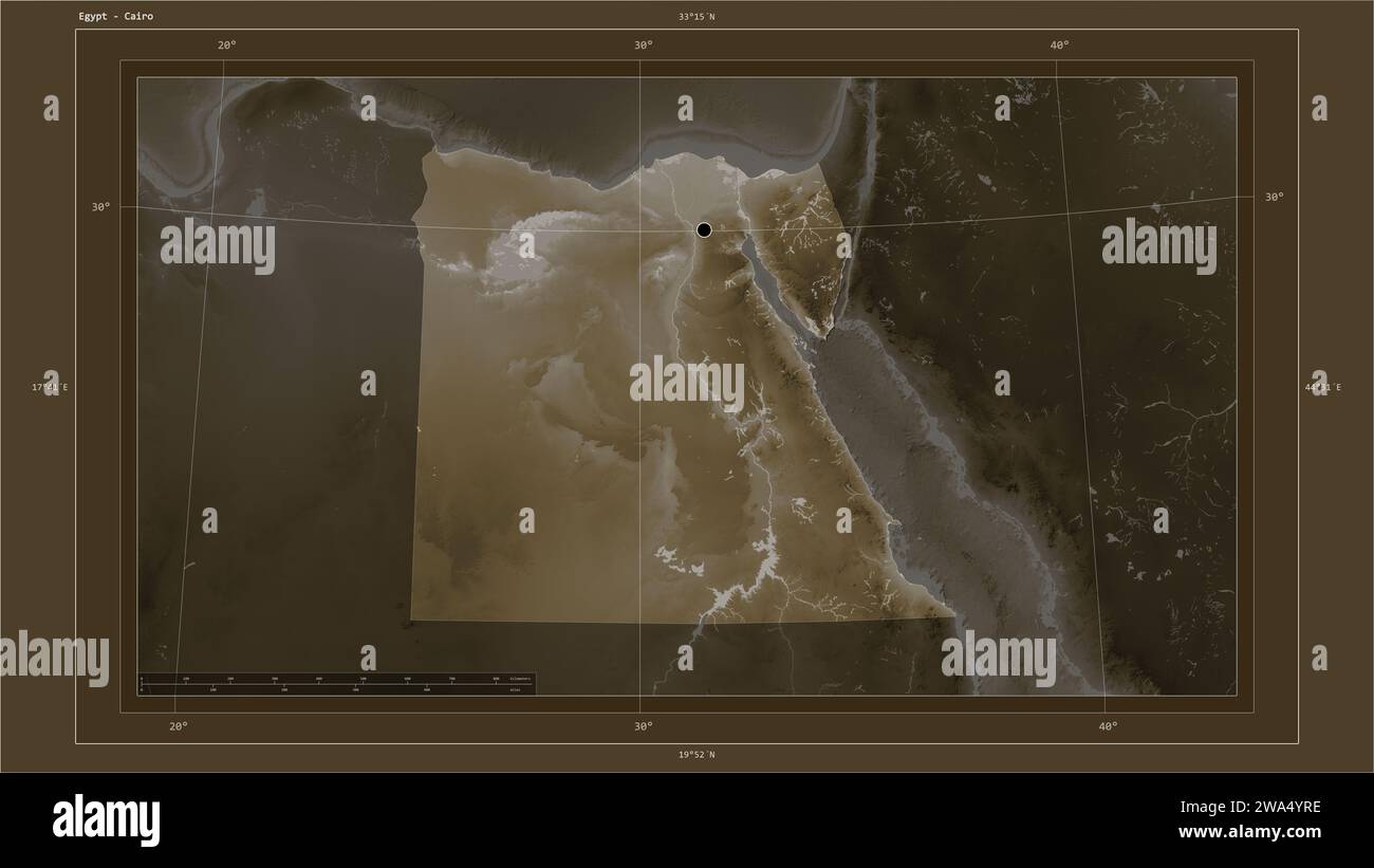 Egypt highlighted on a elevation map colored in sepia tones with lakes ...