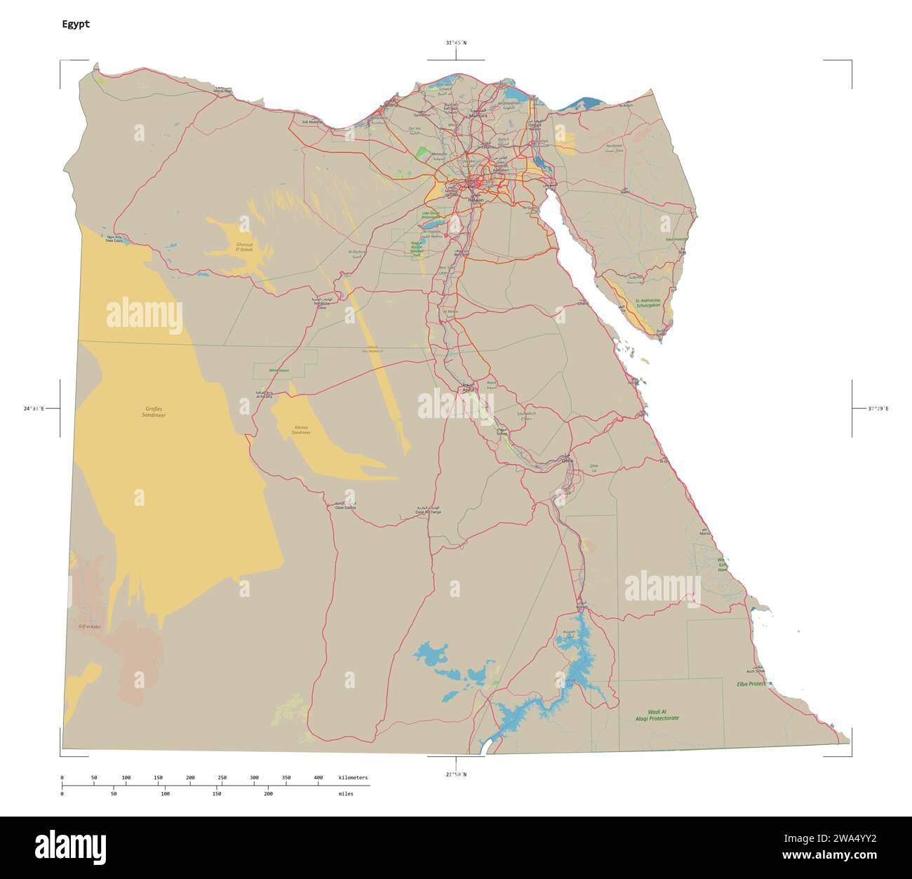 Shape of a topographic, OSM Germany style map of the Egypt, with ...