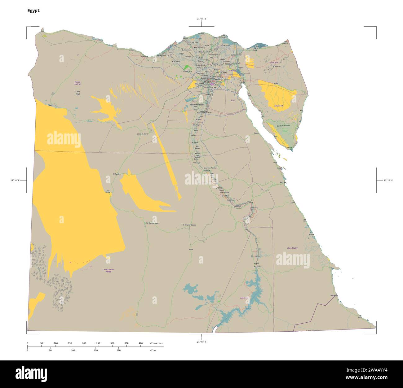 Shape of a topographic, OSM France style map of the Egypt, with ...
