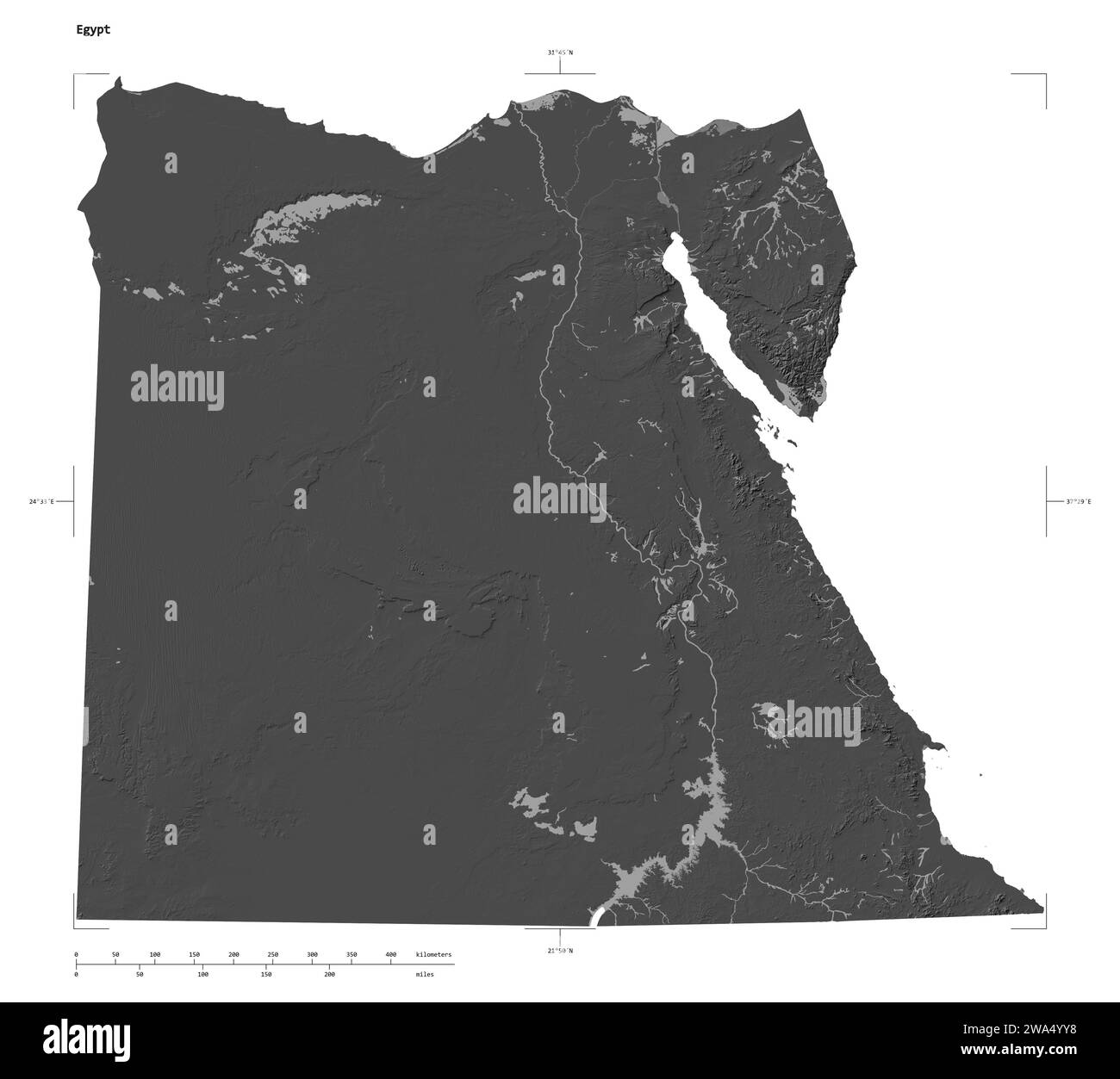 Shape of a Bilevel elevation map with lakes and rivers of the Egypt, with distance scale and map ...