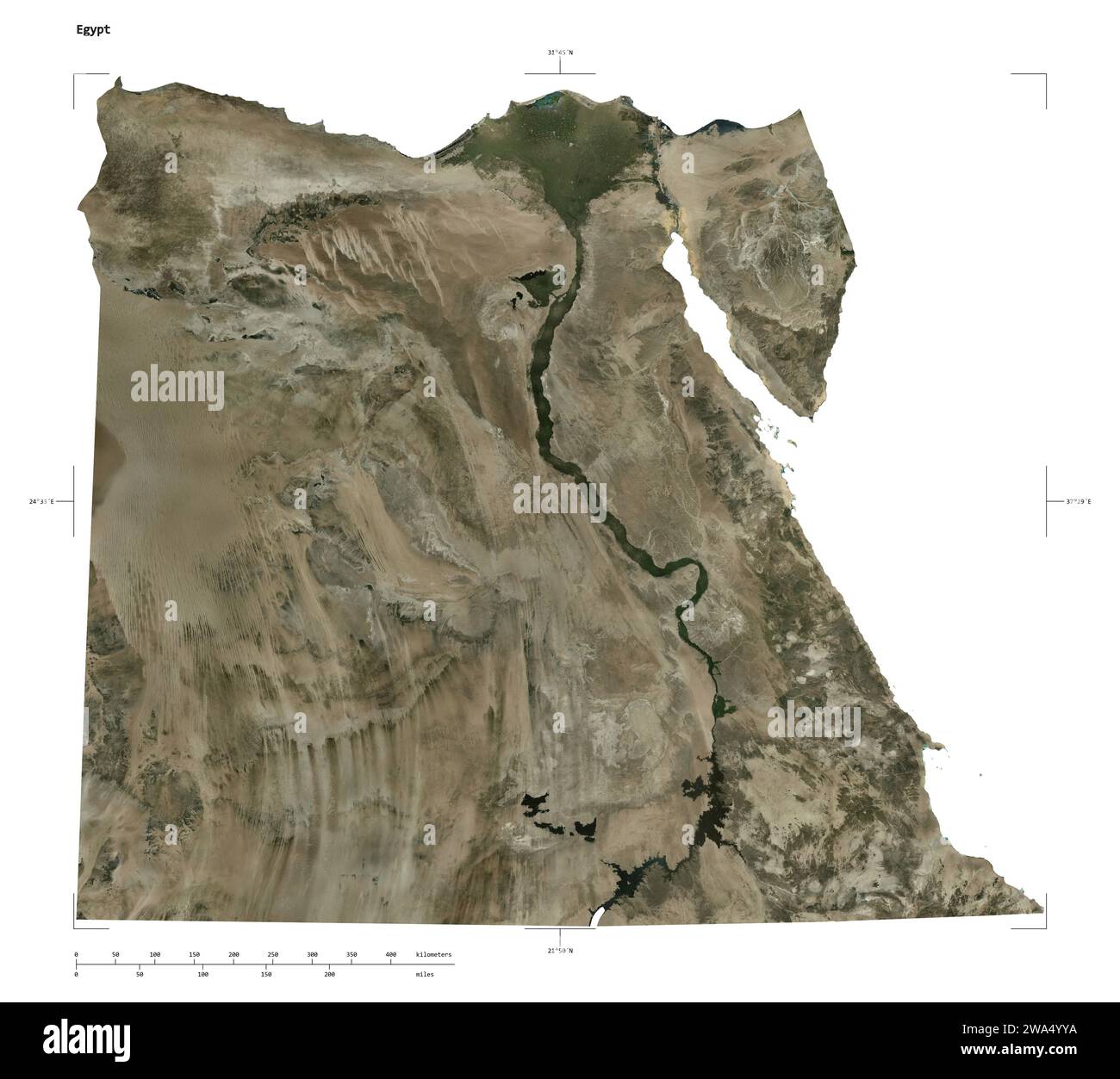 Shape of a high resolution satellite map of the Egypt, with distance scale and map border ...