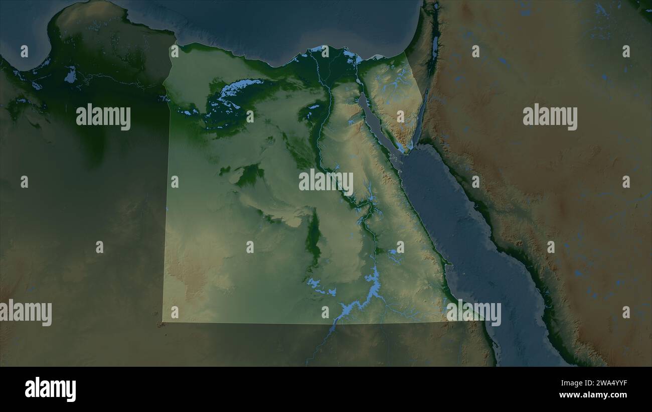 Egypt highlighted on a Colored elevation map with lakes and rivers ...