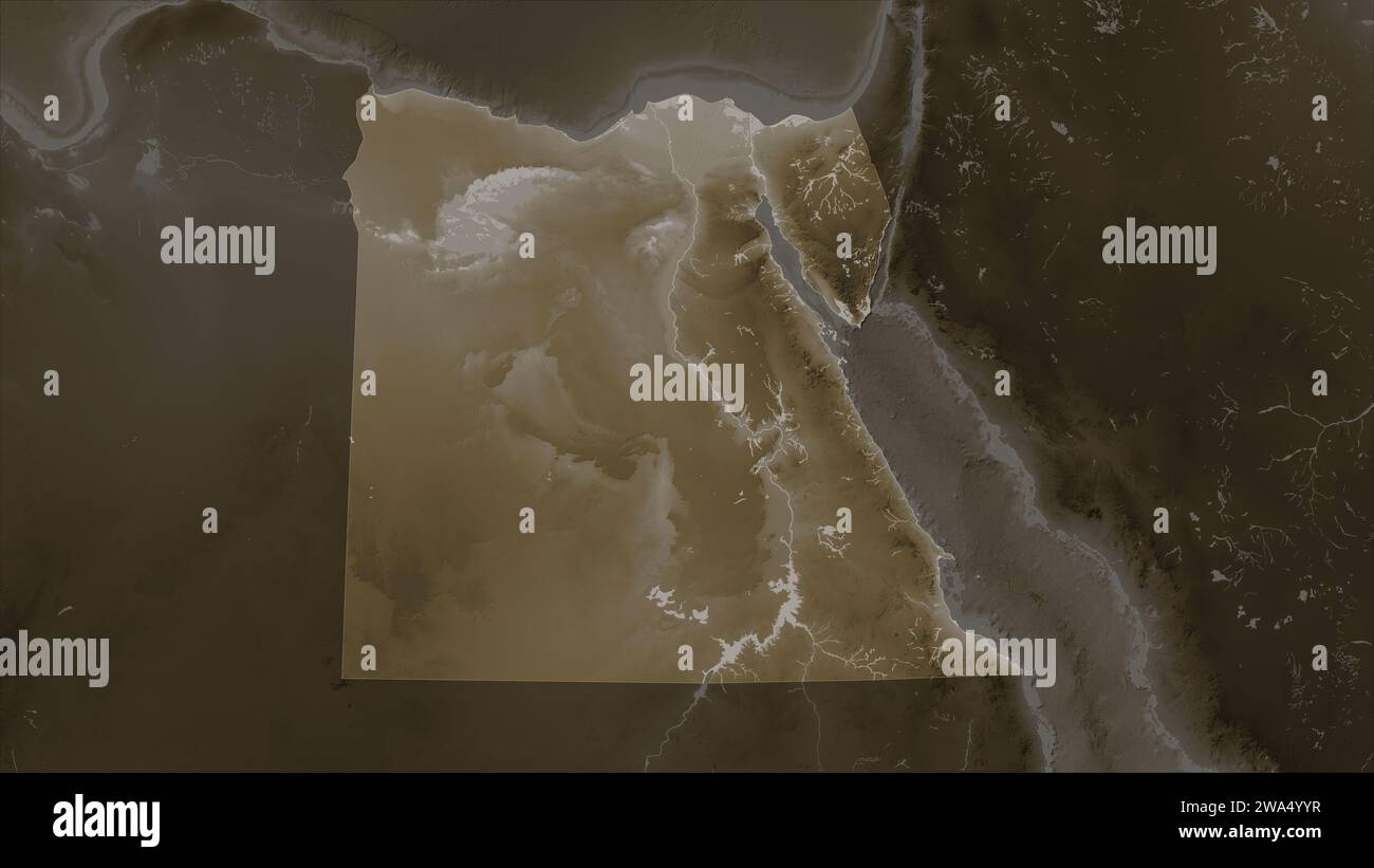 Egypt highlighted on a elevation map colored in sepia tones with lakes ...