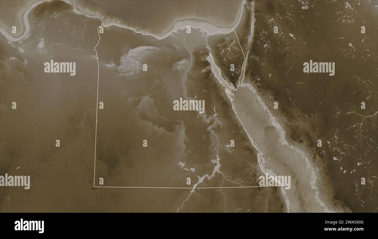 Egypt outlined on a elevation map colored in sepia tones with lakes and ...