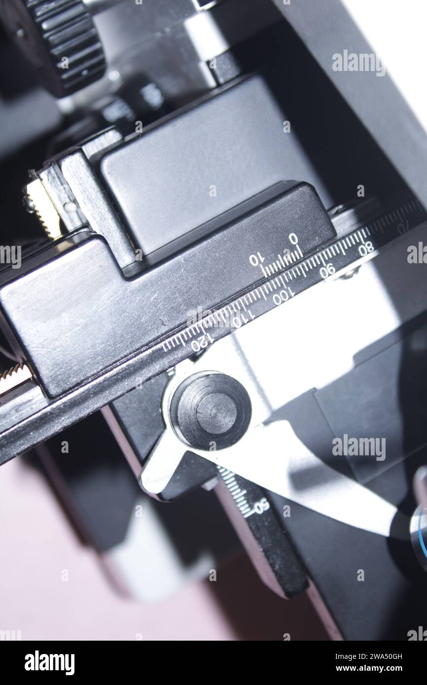 Clouse up microscope remains in pathology stage clips. India Stock ...