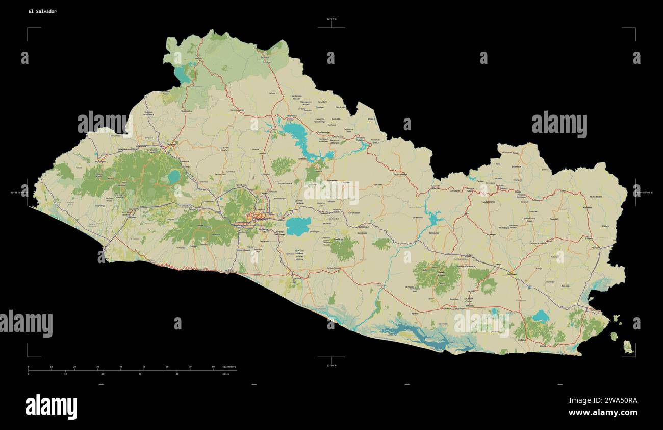 Shape of a topographic, OSM Humanitarian style map of the El Salvador ...