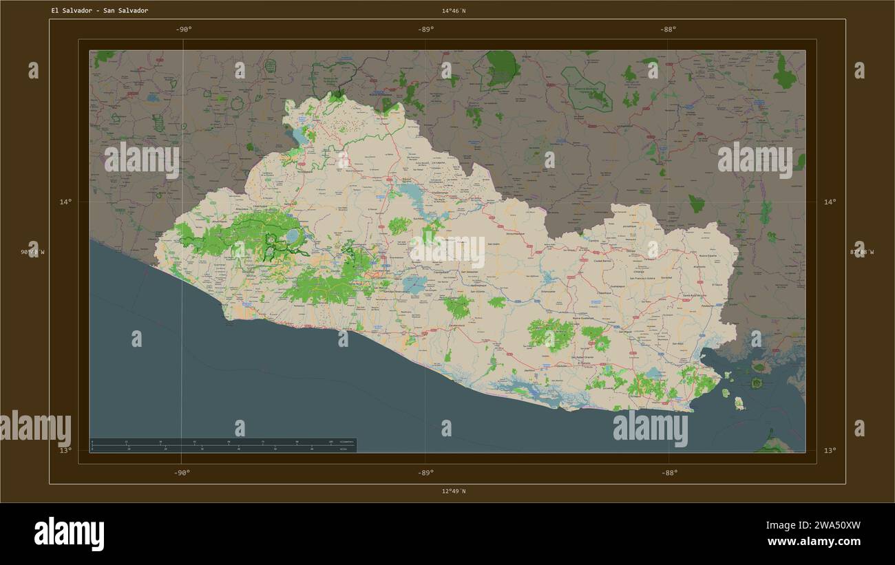El Salvador highlighted on a topographic, OSM France style map map with ...