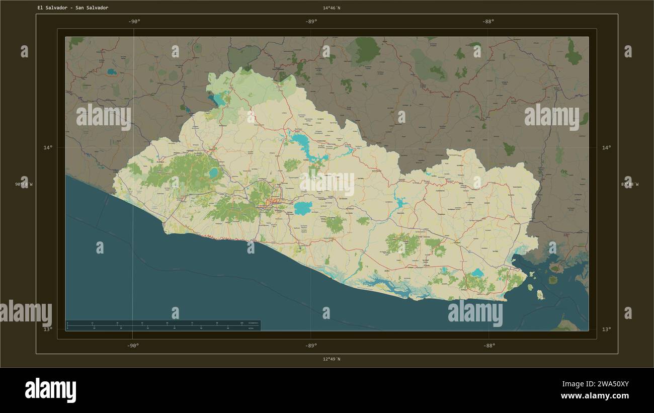 El Salvador highlighted on a topographic, OSM Humanitarian style map ...