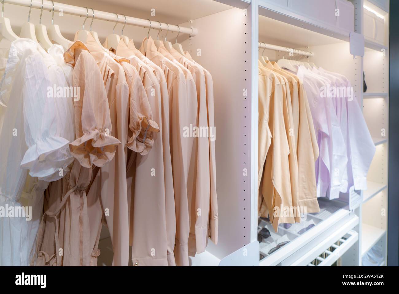 Stylish clothes hanging on a rail within a sleek white wardrobe exudes ...