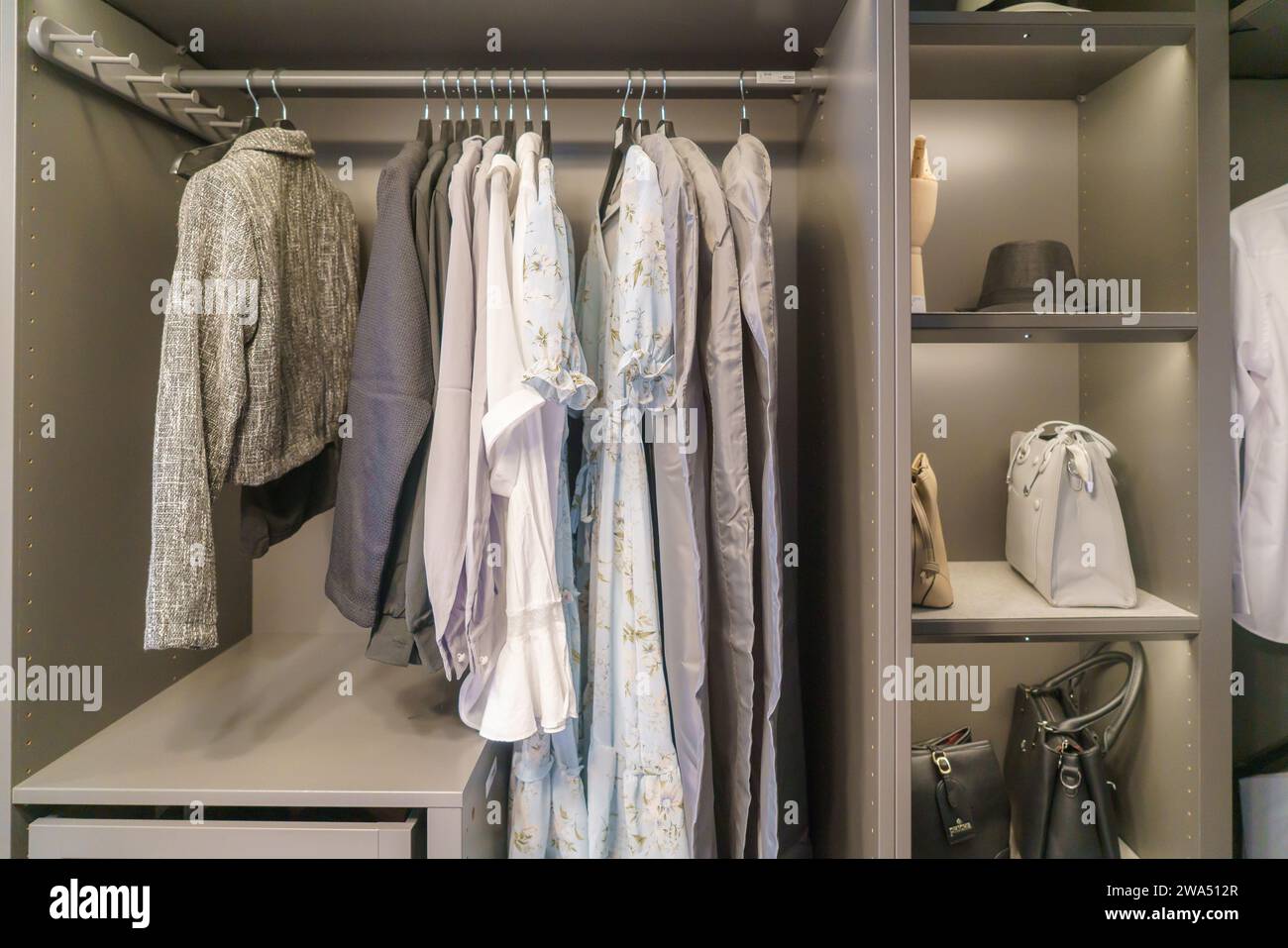 Minimal wood walk-in closet adorned with a stylish wardrobe essence of ...