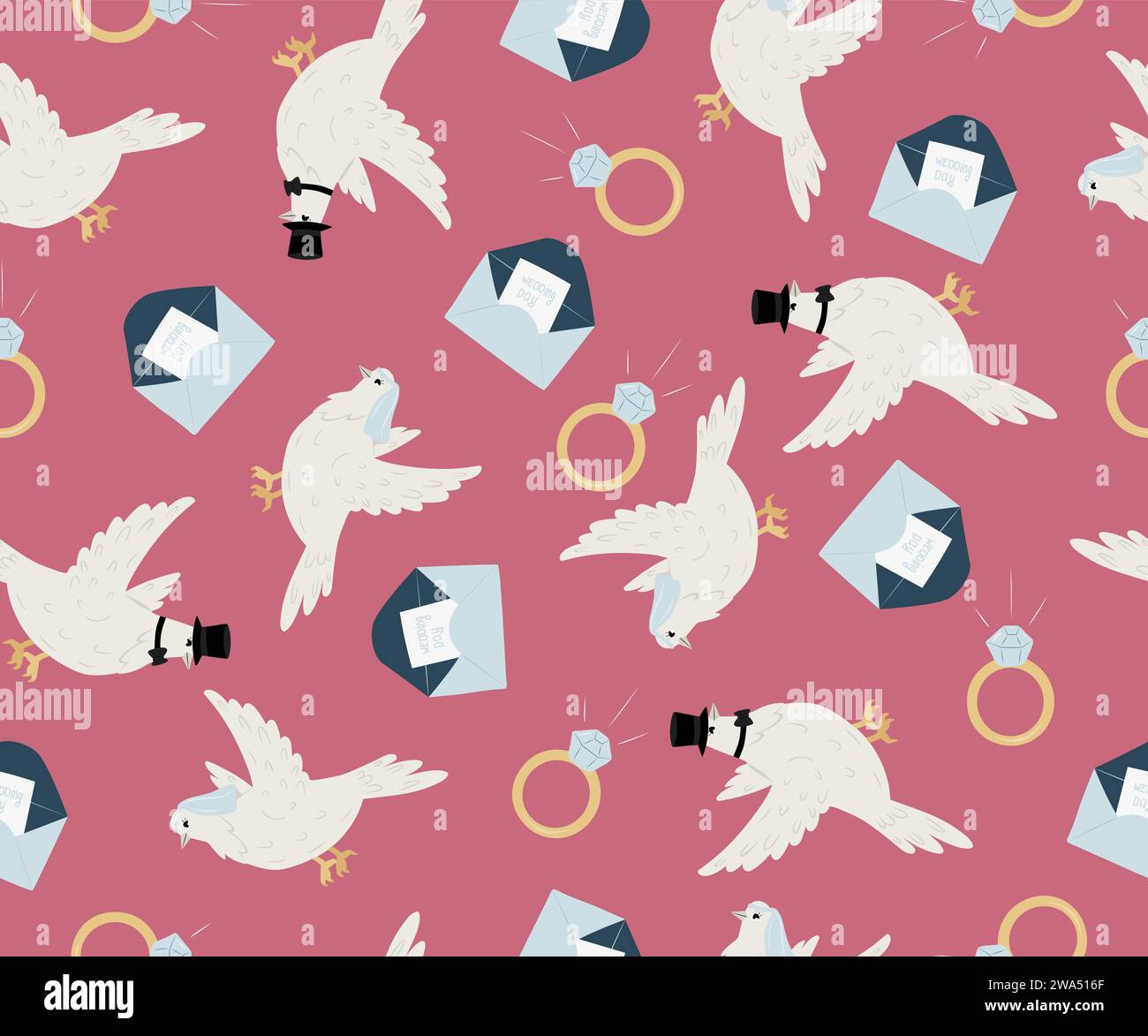 Wedding seamless pattern with doves, wedding rings, invitation ...