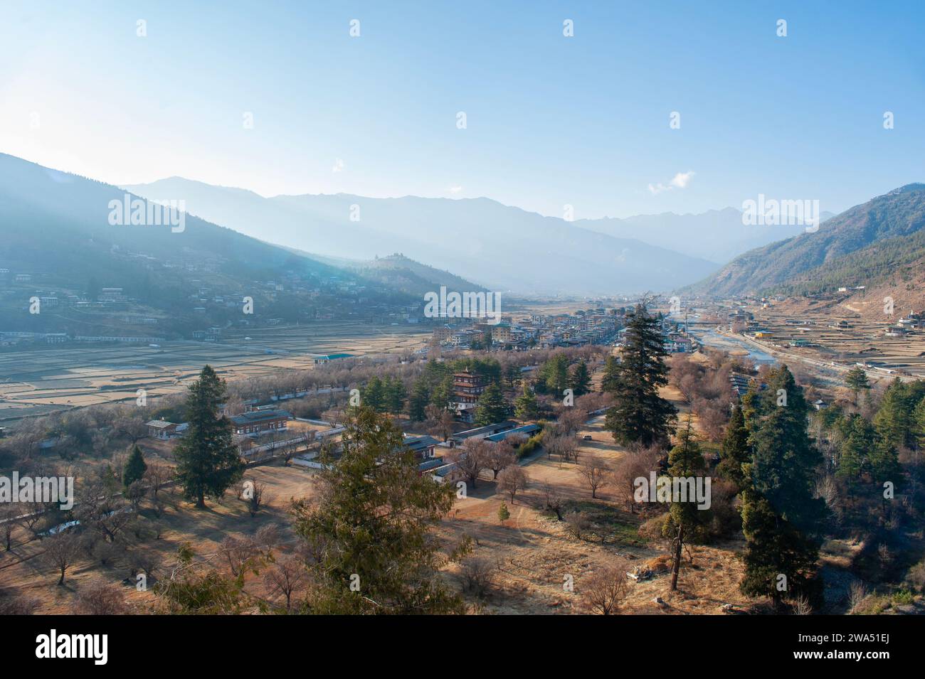A landscape view of the city of Paro in Bhutan in the Paro Valley Stock ...