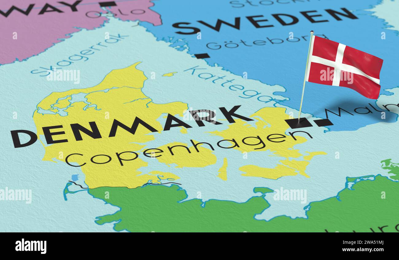 Denmark, Copenhagen - national flag pinned on political map - 3D ...