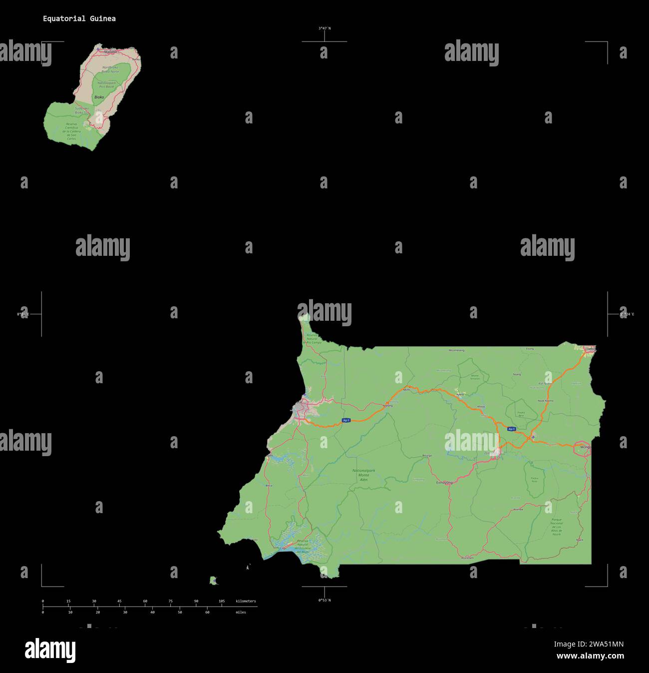 Shape of a topographic, OSM Germany style map of the Equatorial Guinea ...