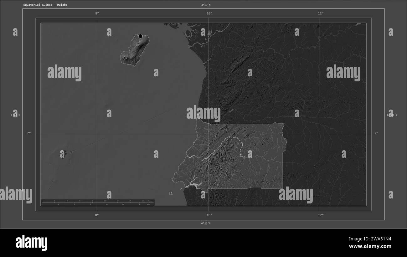 Equatorial Guinea highlighted on a Bilevel elevation map with lakes and ...