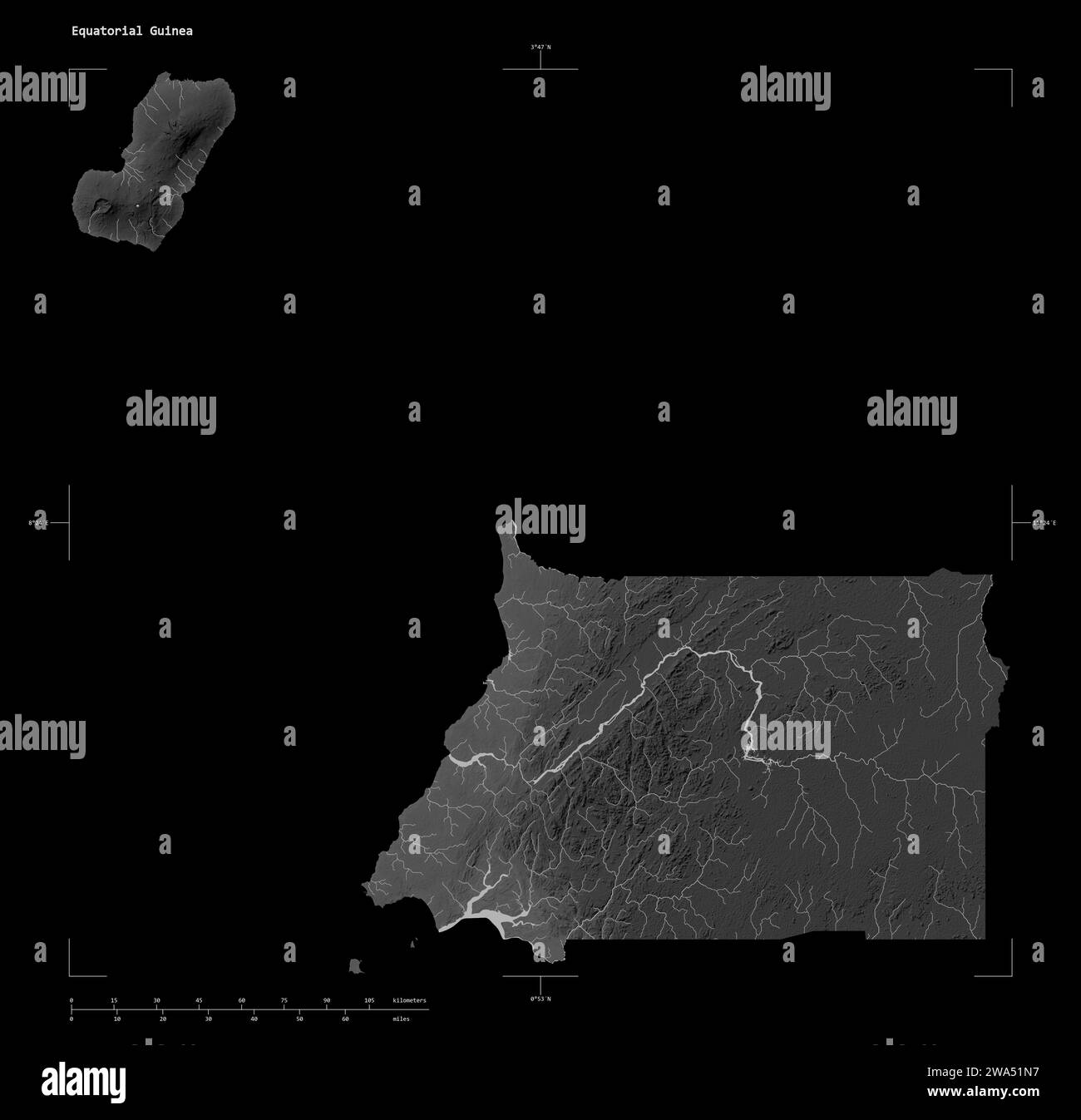 Shape of a Grayscale elevation map with lakes and rivers of the Equatorial Guinea, with distance ...