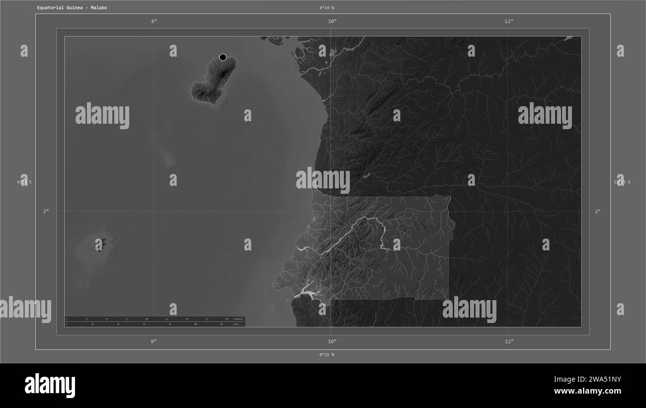 Equatorial Guinea highlighted on a Grayscale elevation map with lakes ...
