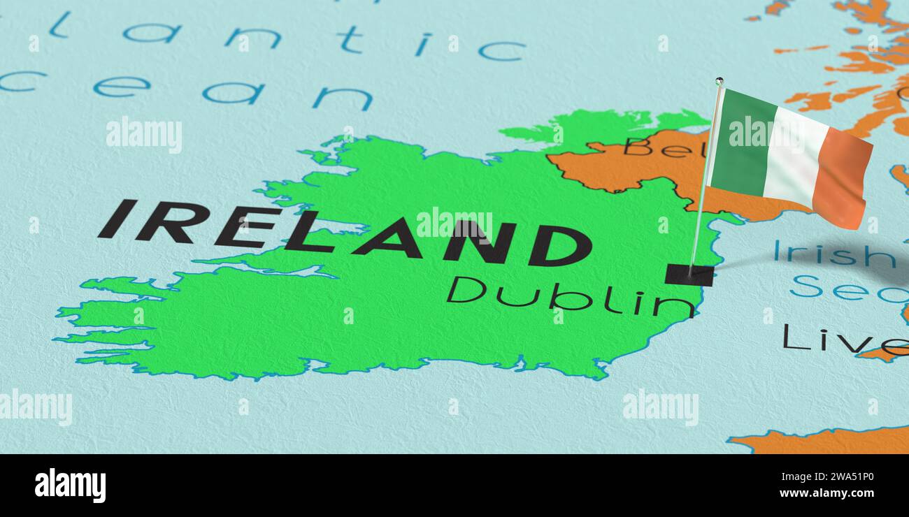 Ireland, Dublin - national flag pinned on political map - 3D ...