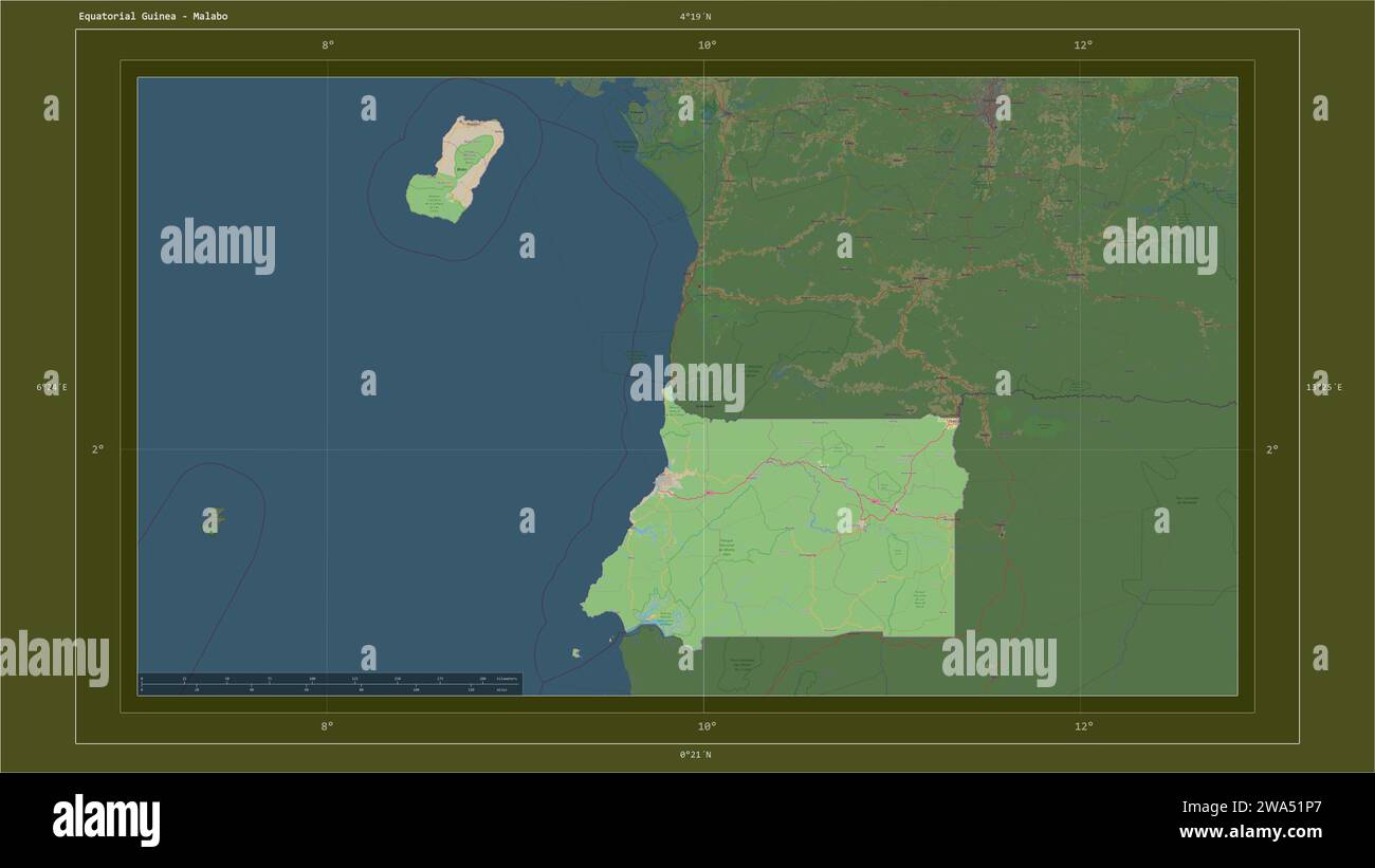 Equatorial Guinea highlighted on a topographic, OSM standard style map ...