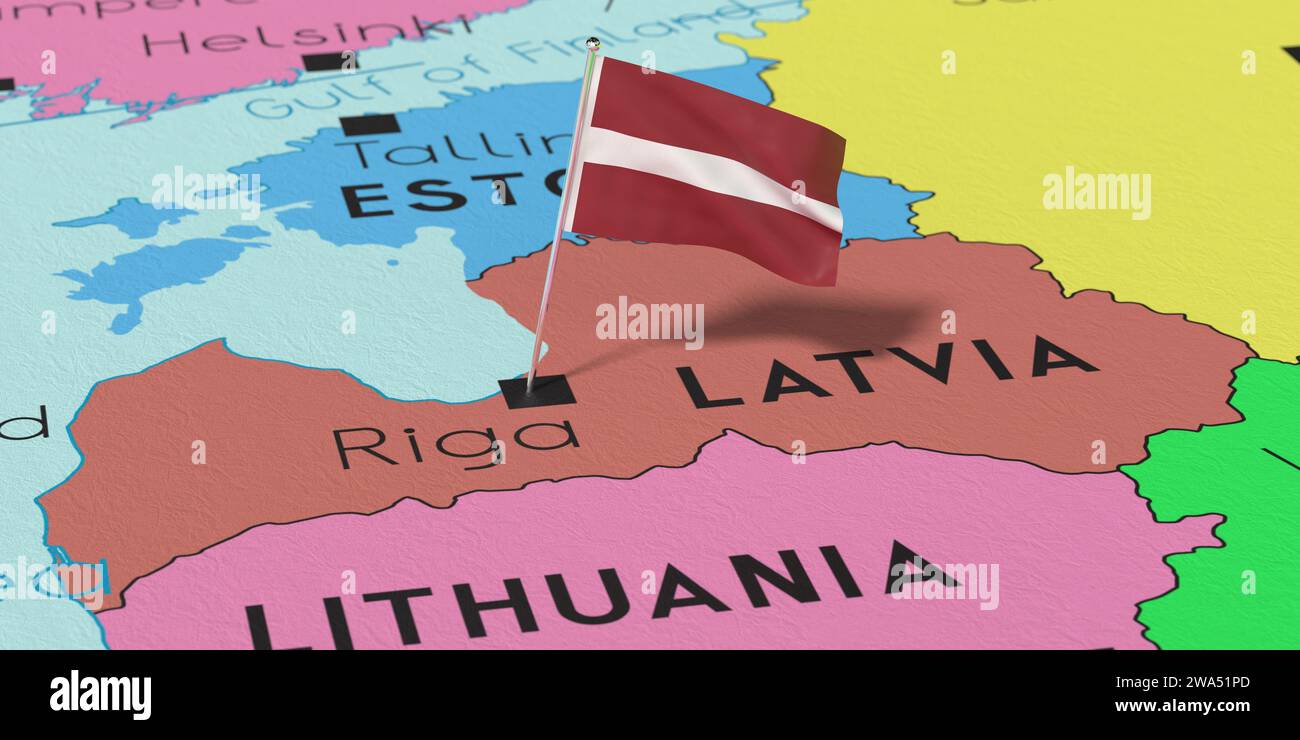Latvia, Riga - national flag pinned on political map - 3D illustration ...