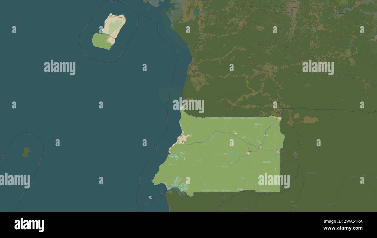Equatorial Guinea highlighted on a topographic, OSM Humanitarian style ...