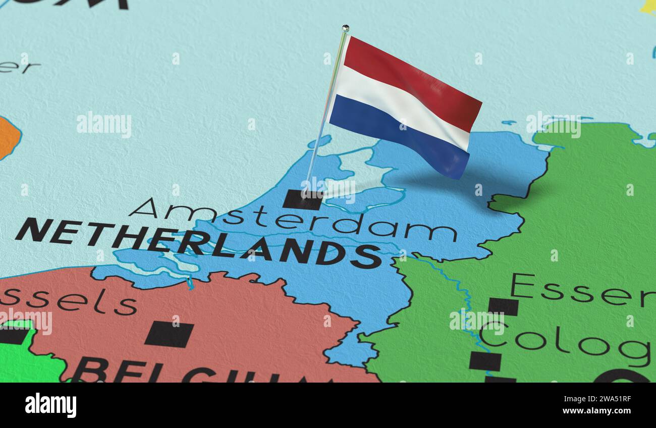 Netherlands, Amsterdam - national flag pinned on political map - 3D ...