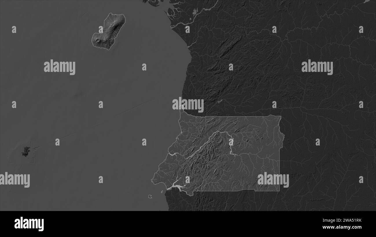 Equatorial Guinea highlighted on a Bilevel elevation map with lakes and ...