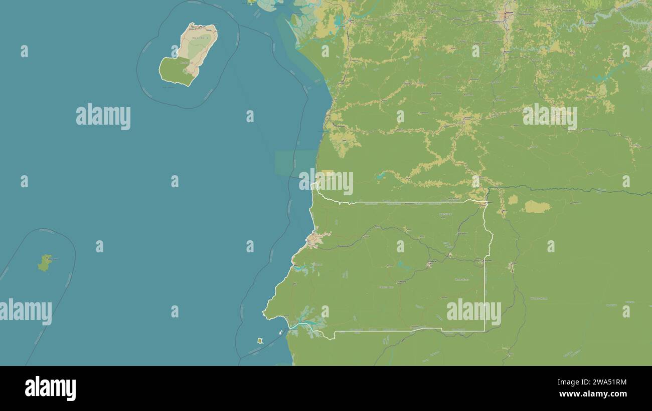 Equatorial Guinea outlined on a topographic, OSM Humanitarian style map ...