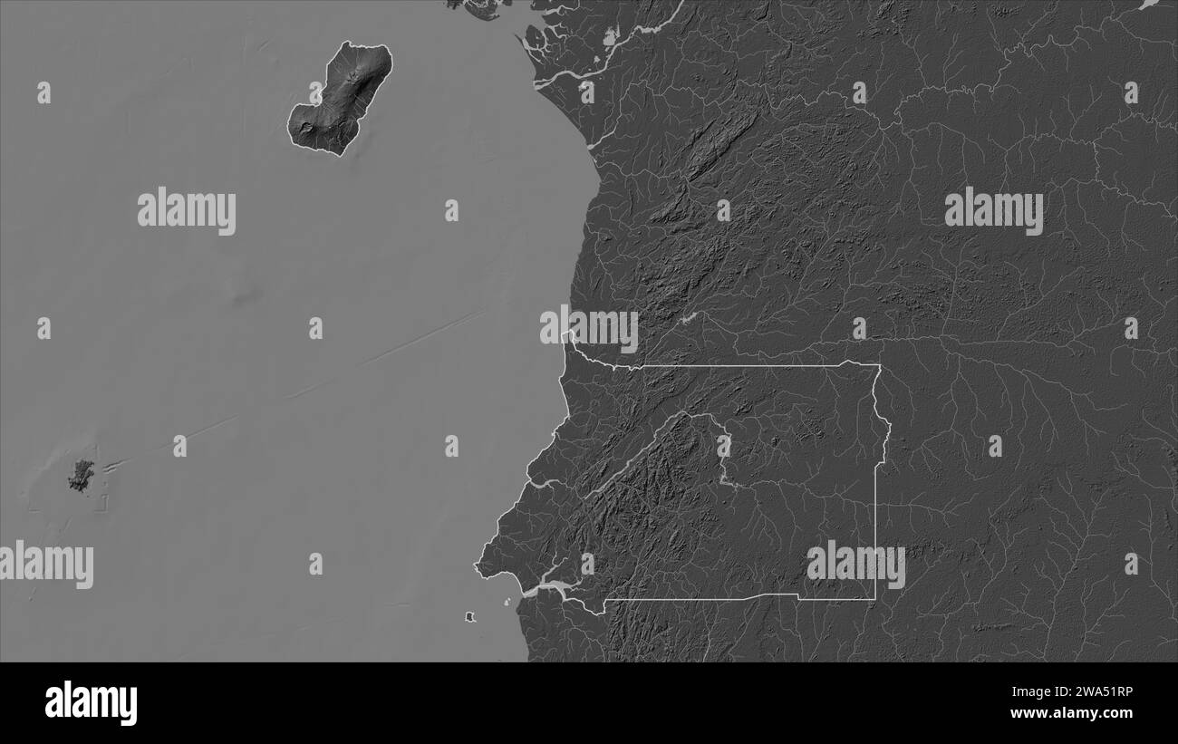 Equatorial Guinea outlined on a Bilevel elevation map with lakes and ...