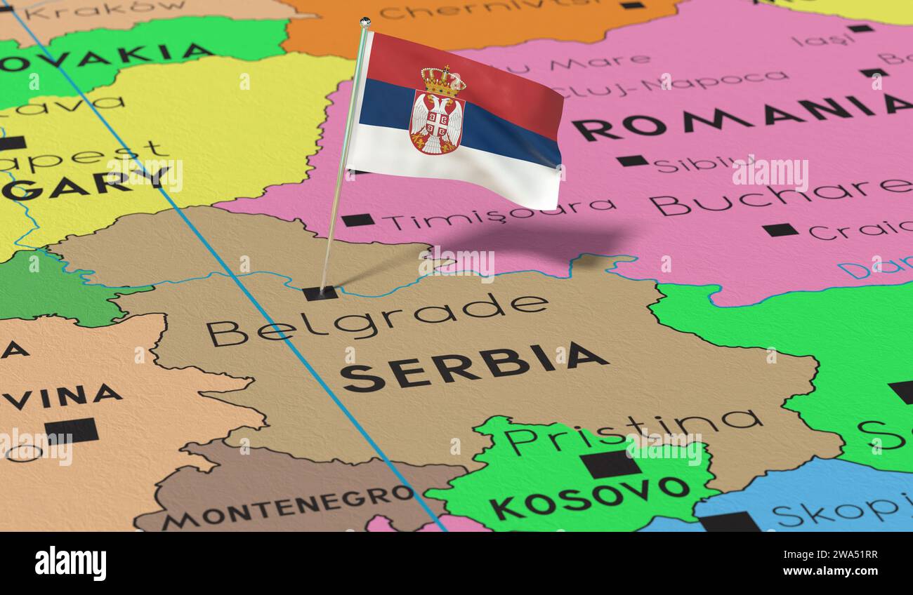 Serbia, Belgrade - national flag pinned on political map - 3D ...