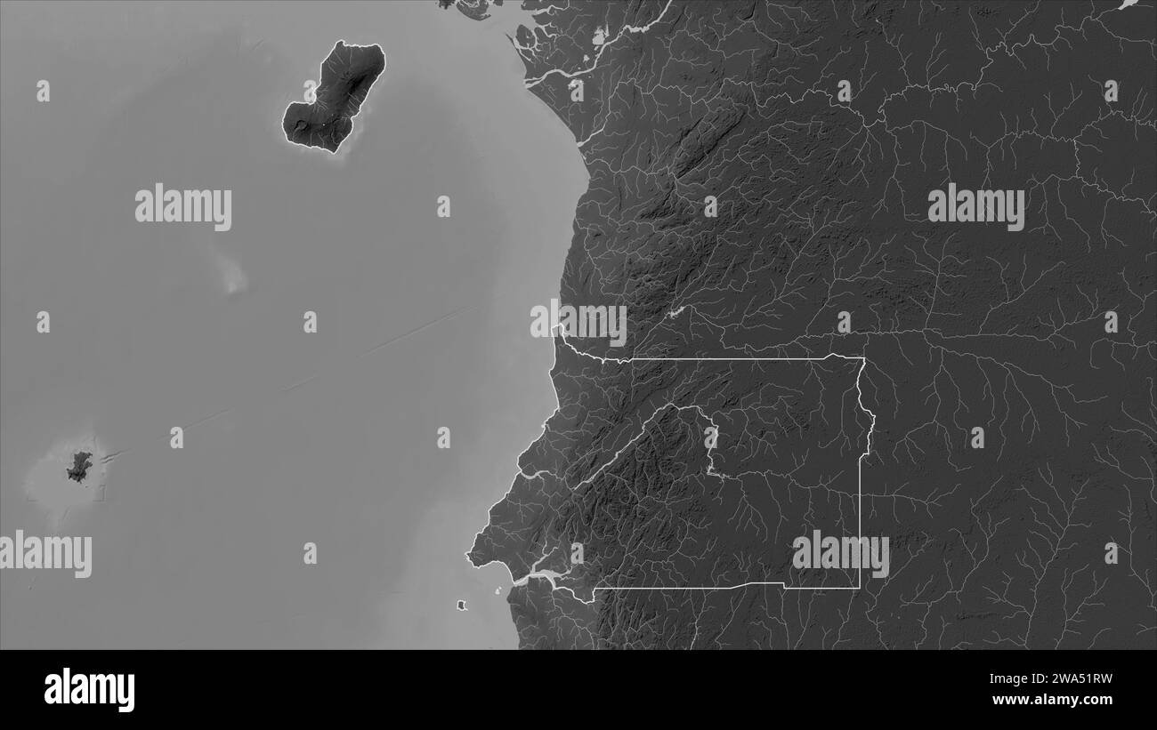 Equatorial Guinea outlined on a Grayscale elevation map with lakes and ...