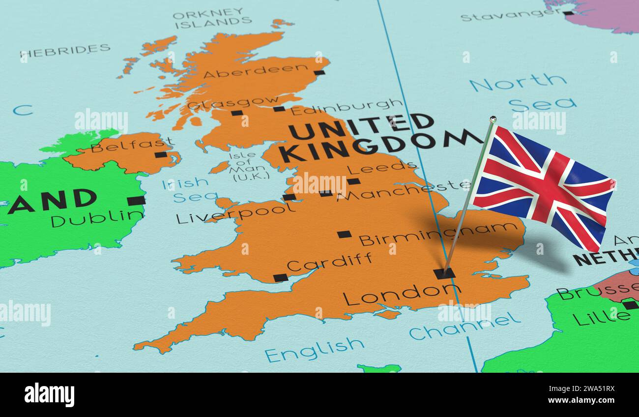 United Kingdom, London - national flag pinned on political map - 3D ...