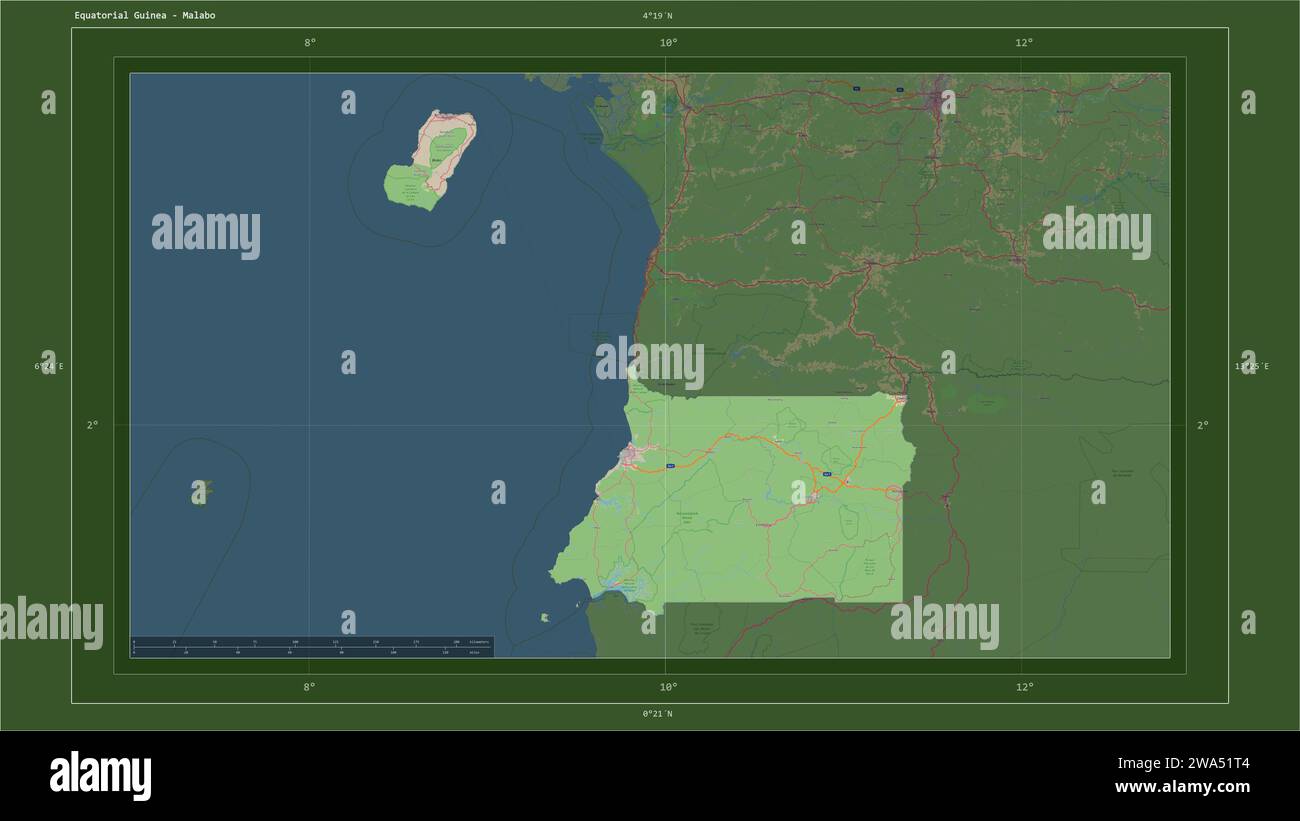 Equatorial Guinea highlighted on a topographic, OSM Germany style map map with the country's ...
