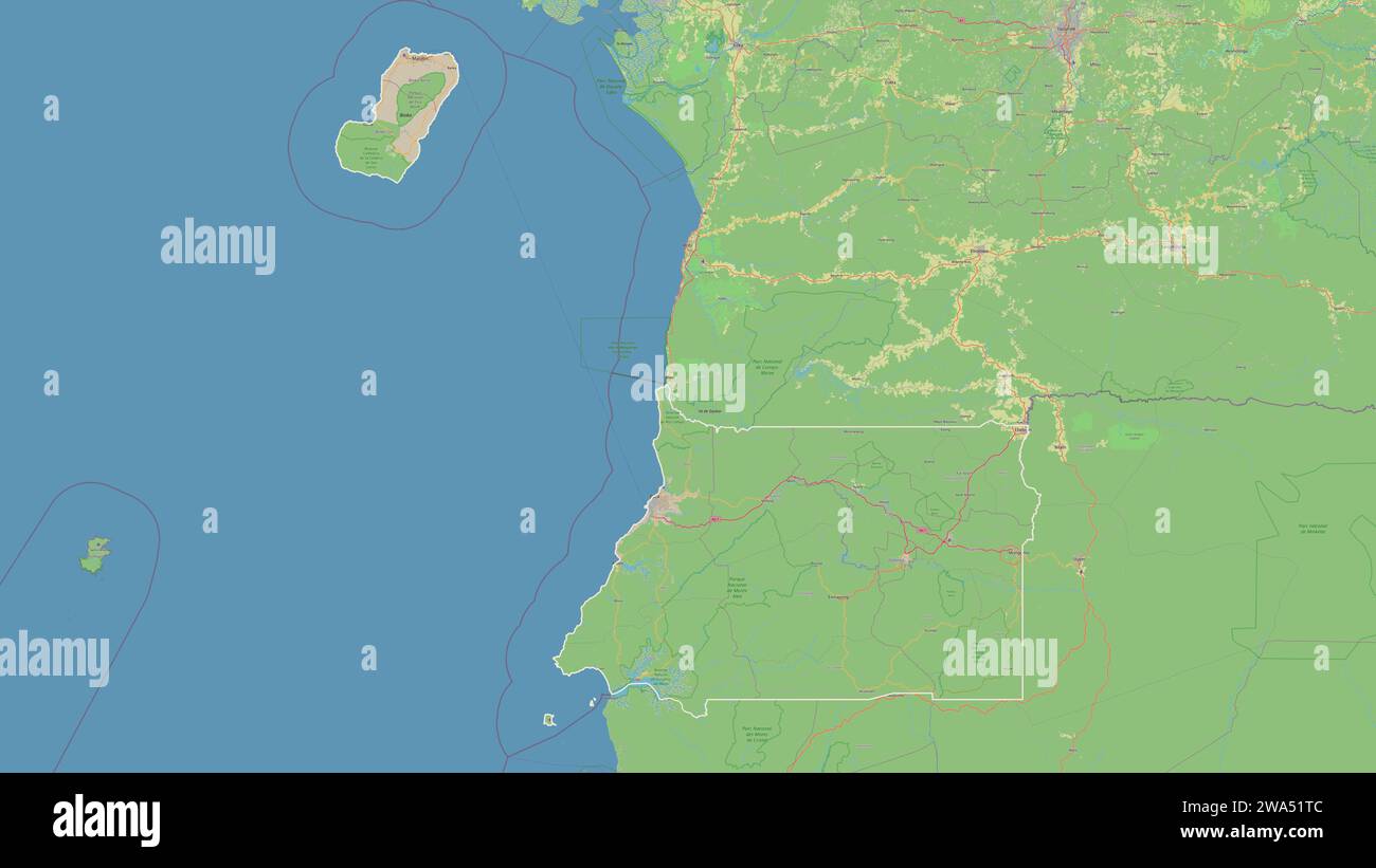 Equatorial Guinea outlined on a topographic, OSM standard style map ...