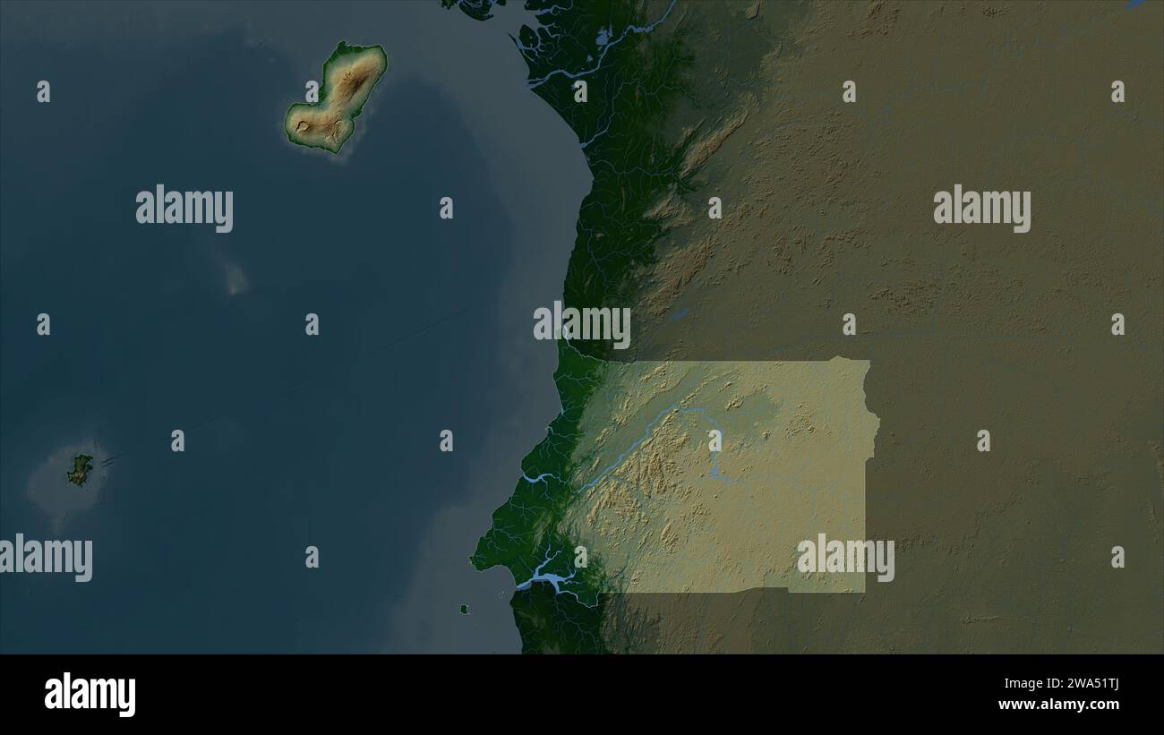 Equatorial Guinea highlighted on a Colored elevation map with lakes and ...