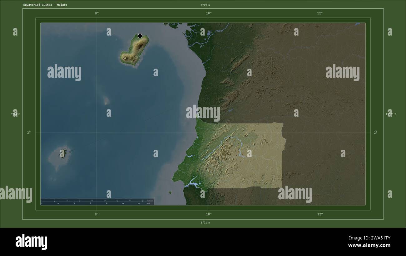 Equatorial Guinea highlighted on a Pale colored elevation map with ...