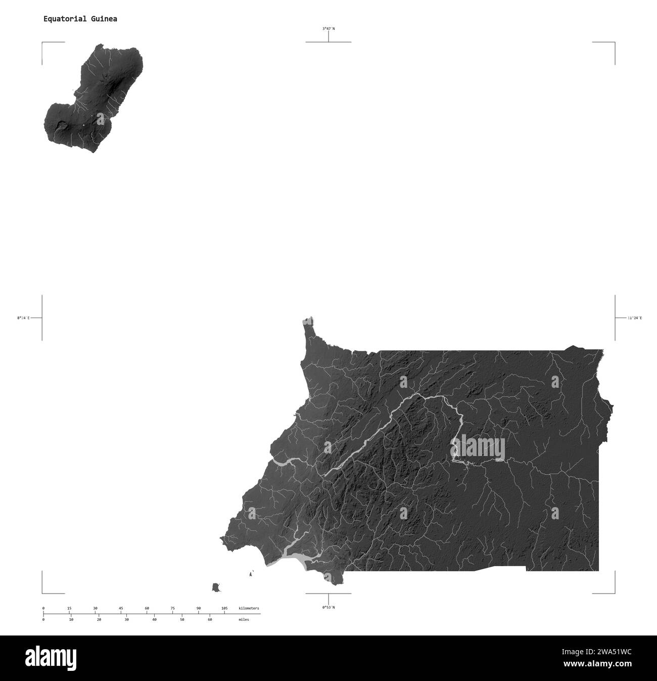 Shape of a Grayscale elevation map with lakes and rivers of the Equatorial Guinea, with distance ...