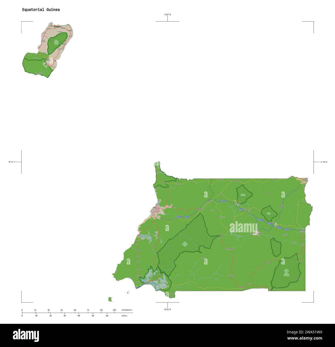 Shape of a topographic, OSM France style map of the Equatorial Guinea ...