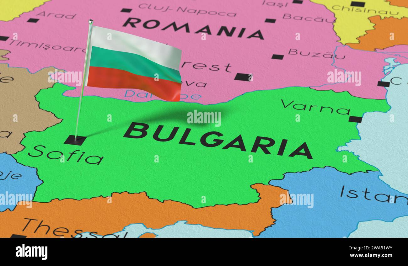 Bulgaria, Sofia - national flag pinned on political map - 3D ...
