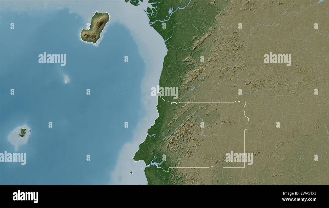 Equatorial Guinea outlined on a Pale colored elevation map with lakes ...