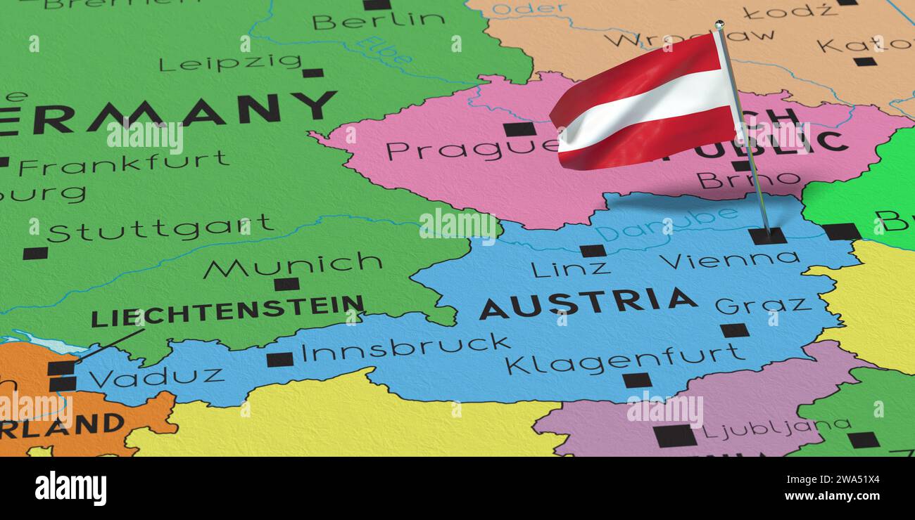 Austria, Vienna - national flag pinned on political map - 3D ...