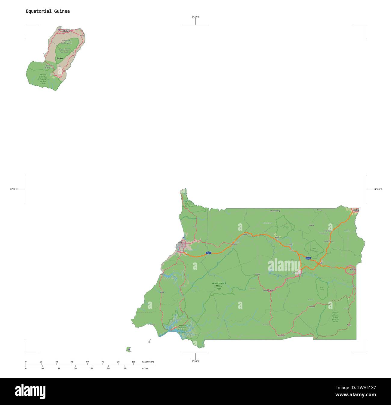 Shape of a topographic, OSM Germany style map of the Equatorial Guinea, with distance scale and ...