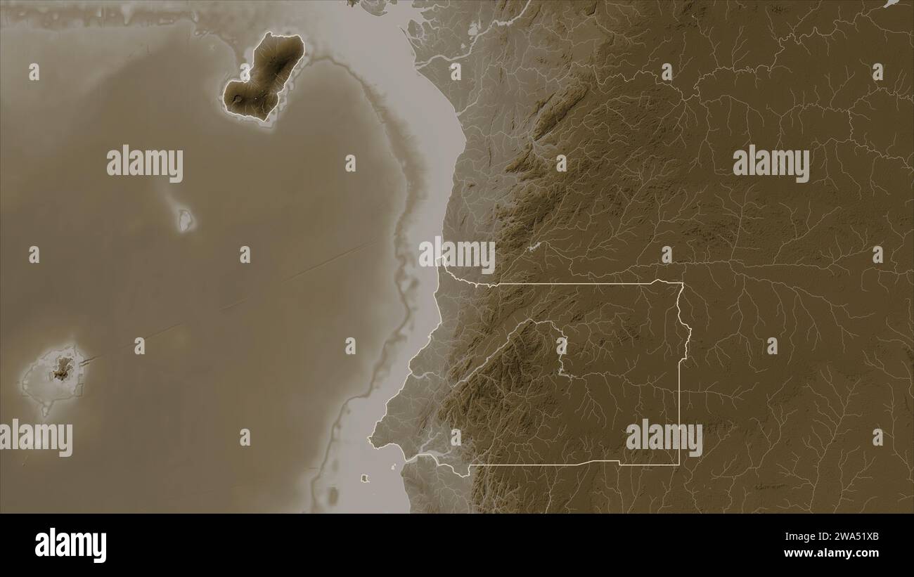 Equatorial Guinea outlined on a elevation map colored in sepia tones ...