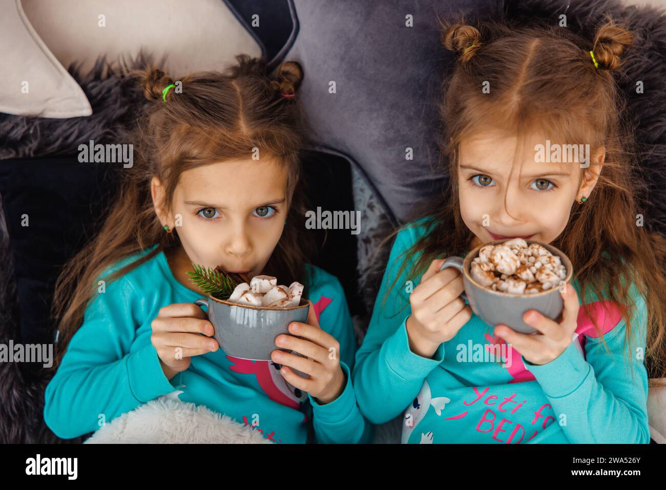 Two girls drinking cocoa with cream and looking pleased Stock Photo - Alamy