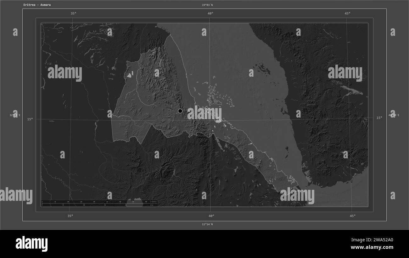 Eritrea highlighted on a Bilevel elevation map with lakes and rivers ...