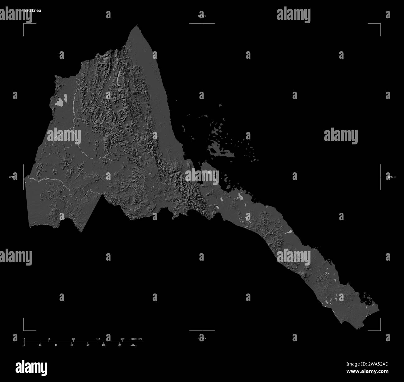 Shape of a Bilevel elevation map with lakes and rivers of the Eritrea ...